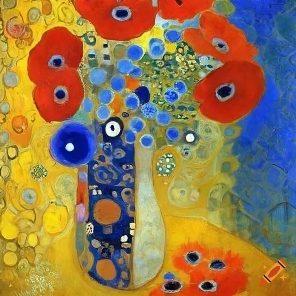 Abstract artwork with blue squares and vibrant poppies