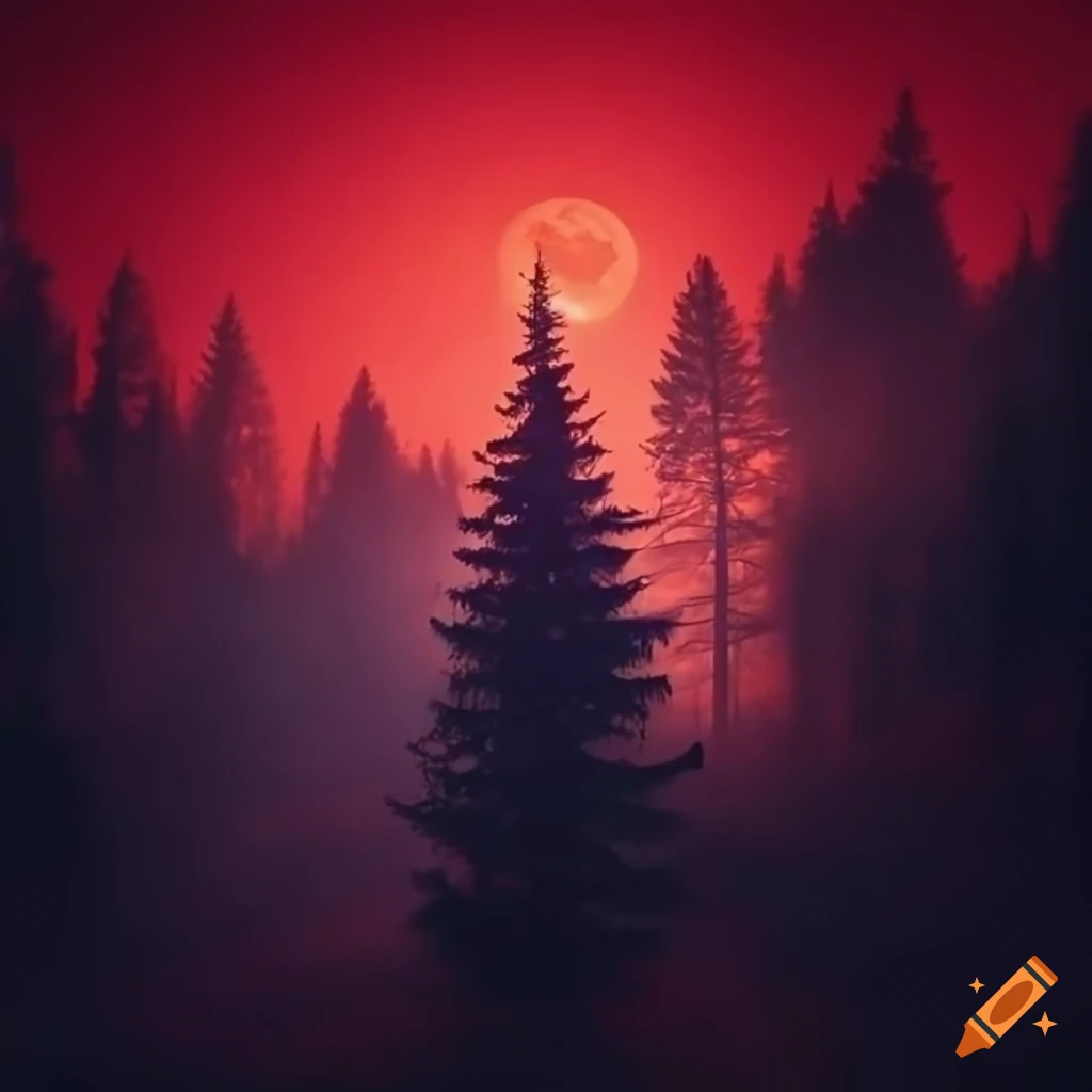 Red moon illuminating a forest