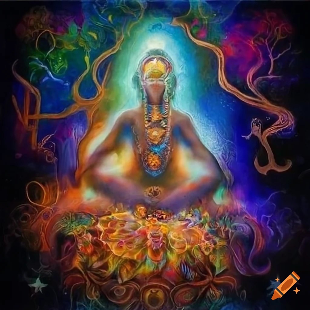 Visionary art with shamanic symbolism and spiritual elements on Craiyon