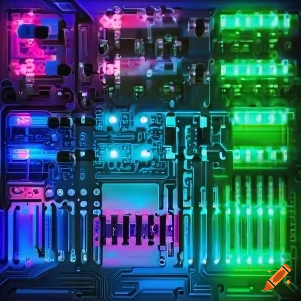 Neon-colored circuit board with glowing components on Craiyon
