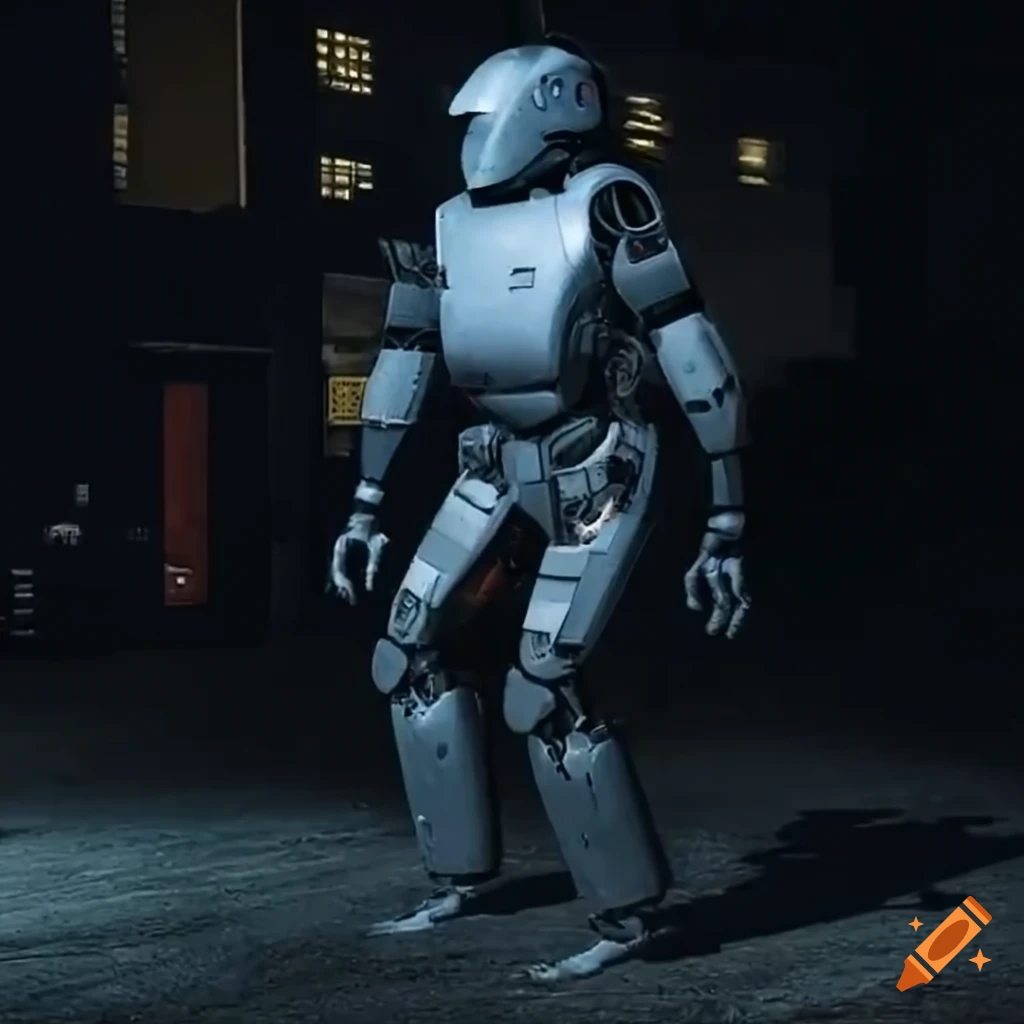 Detailed and realistic police robot in an urban setting