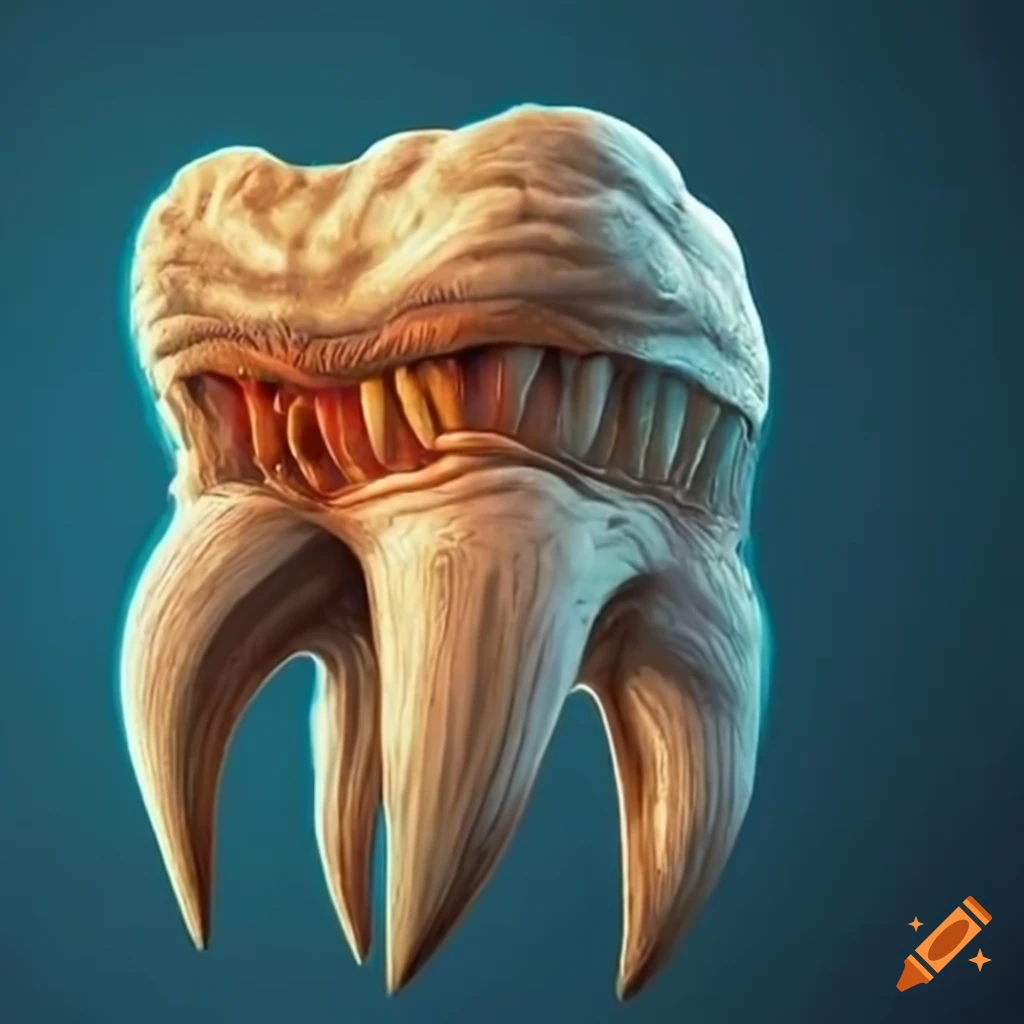 Surreal artwork of a giant tooth devouring a building