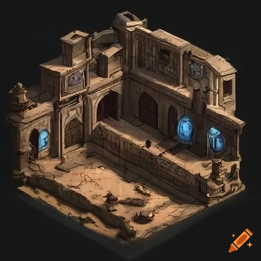 Detailed isometric concept art of a vertical rpg bossfight arena on Craiyon