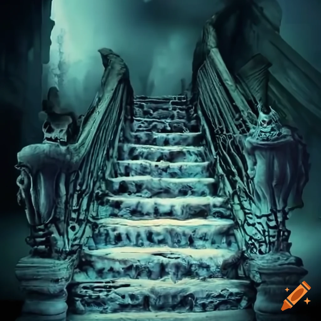 Skeleton climbing haunted stairs on Craiyon