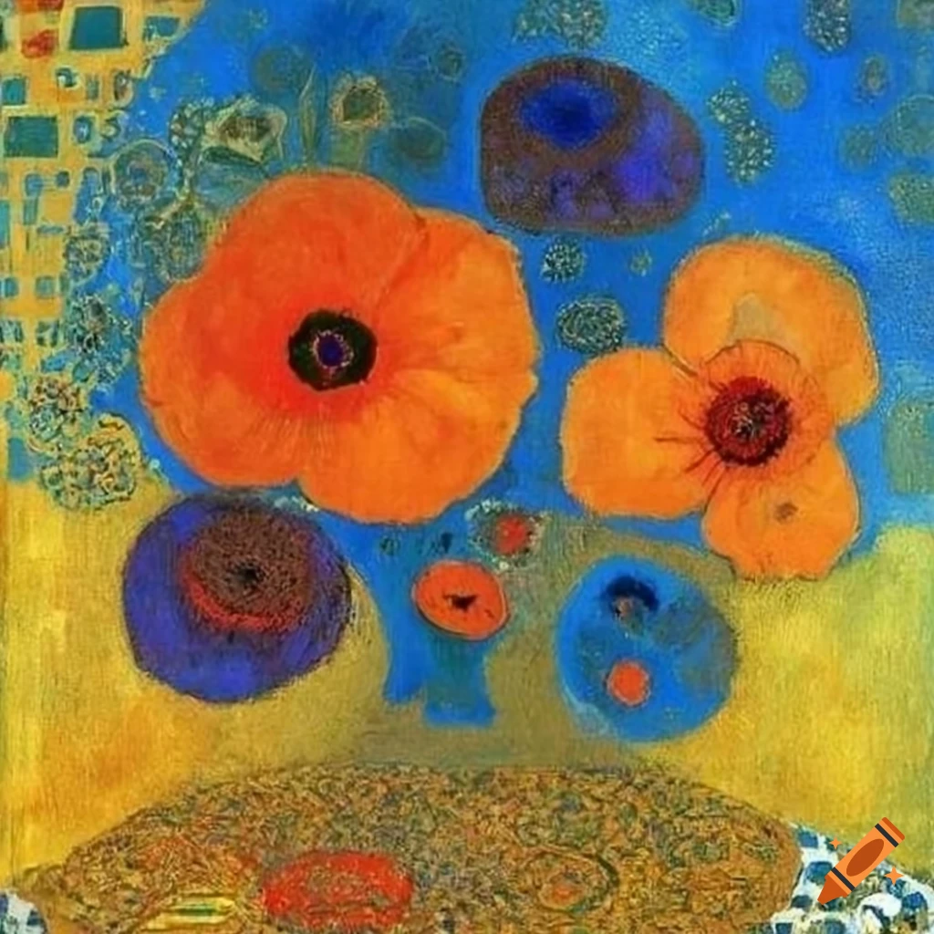 Abstract artwork with blue squares and vibrant poppies on Craiyon
