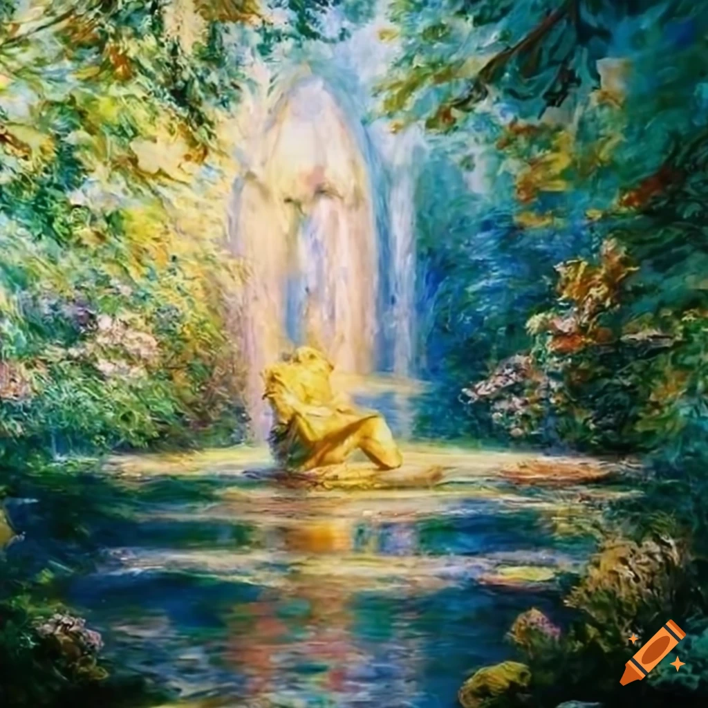 Painting of a victorian garden with gold angel statues and a pond on ...