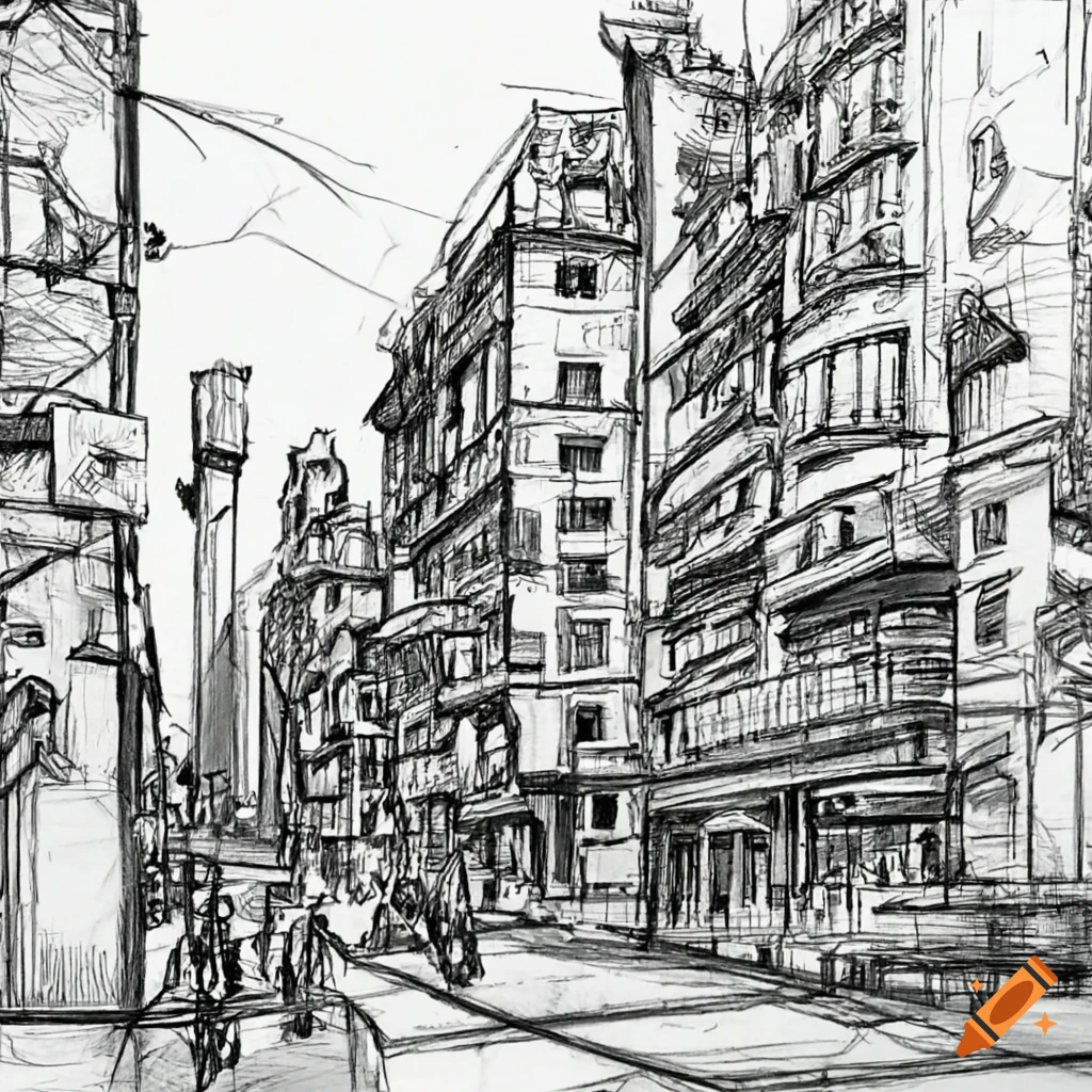 Detailed sketch of a lively city on Craiyon