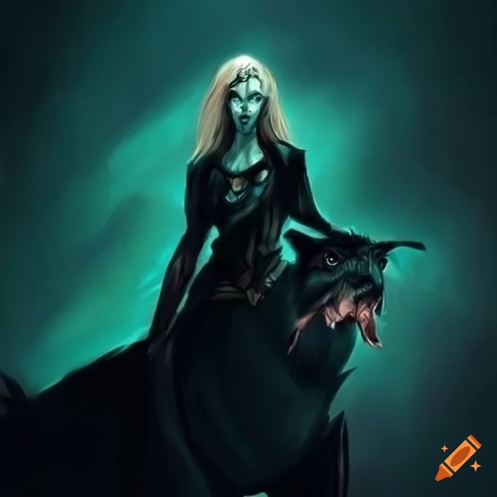 Illustration of a banshee and a hellhound on Craiyon