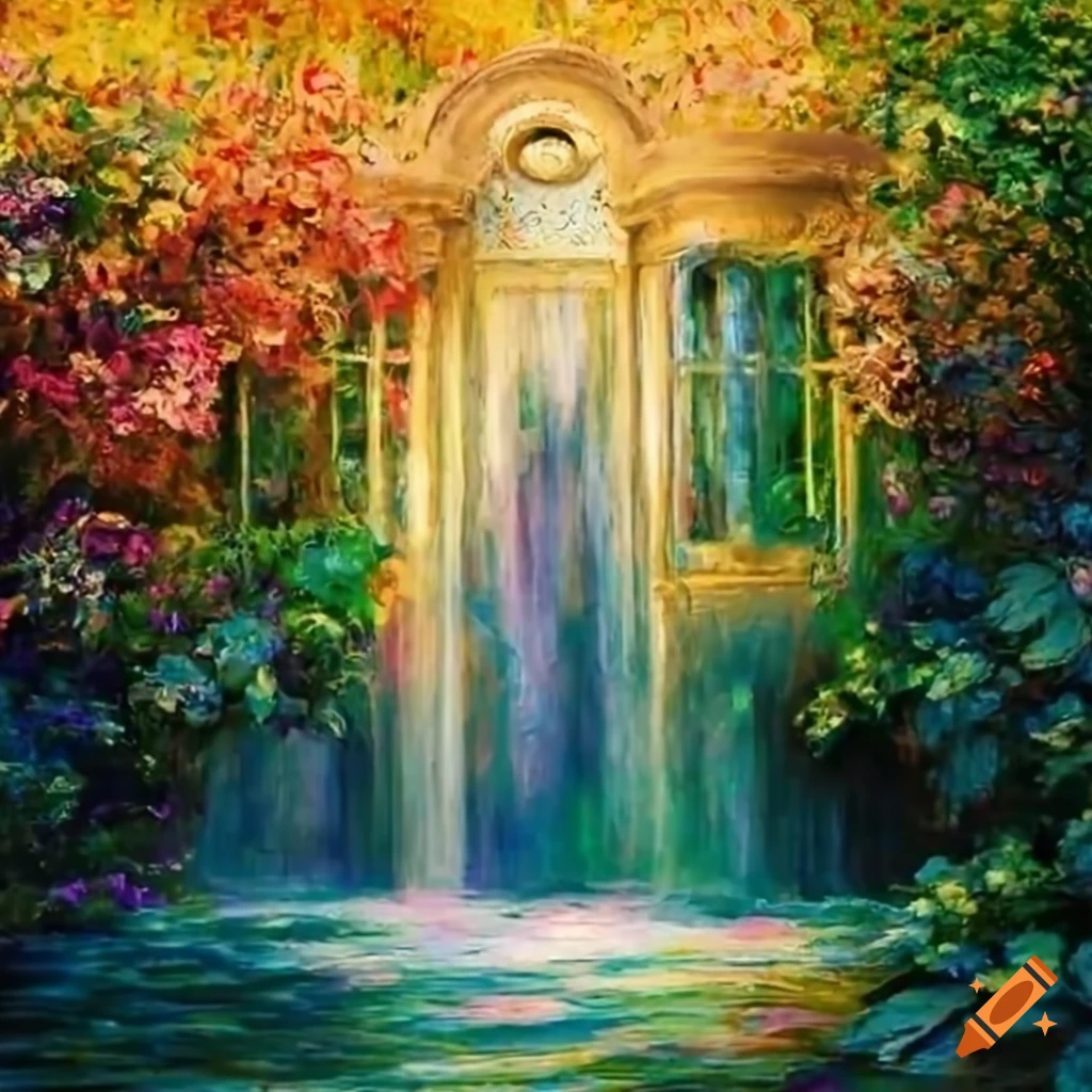 Monet-inspired painting of a victorian garden with statues and a pond ...