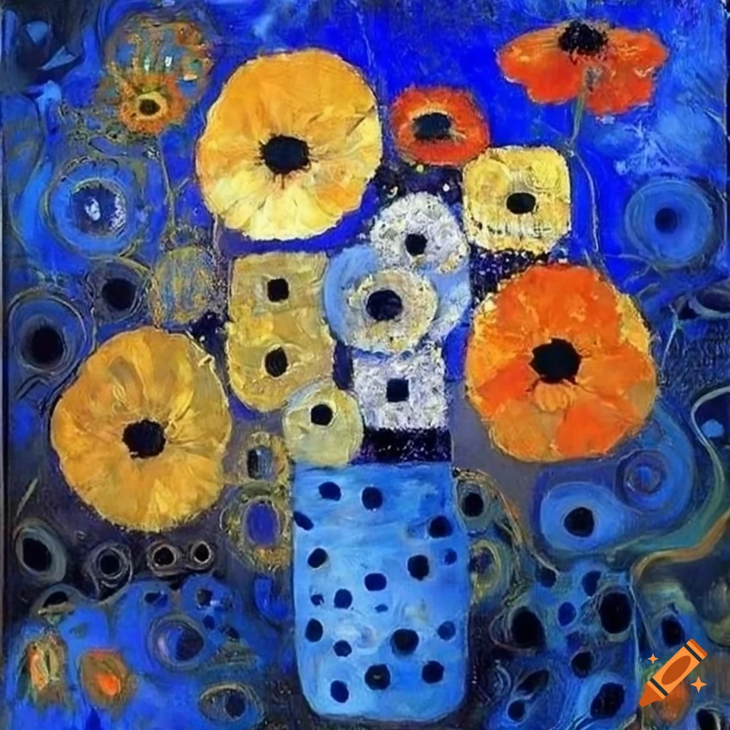Graphic abstract art in blue with poppies on Craiyon