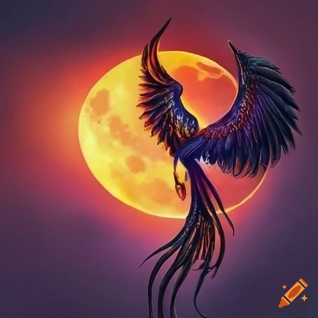 Illustration of a phoenix with a moon on Craiyon