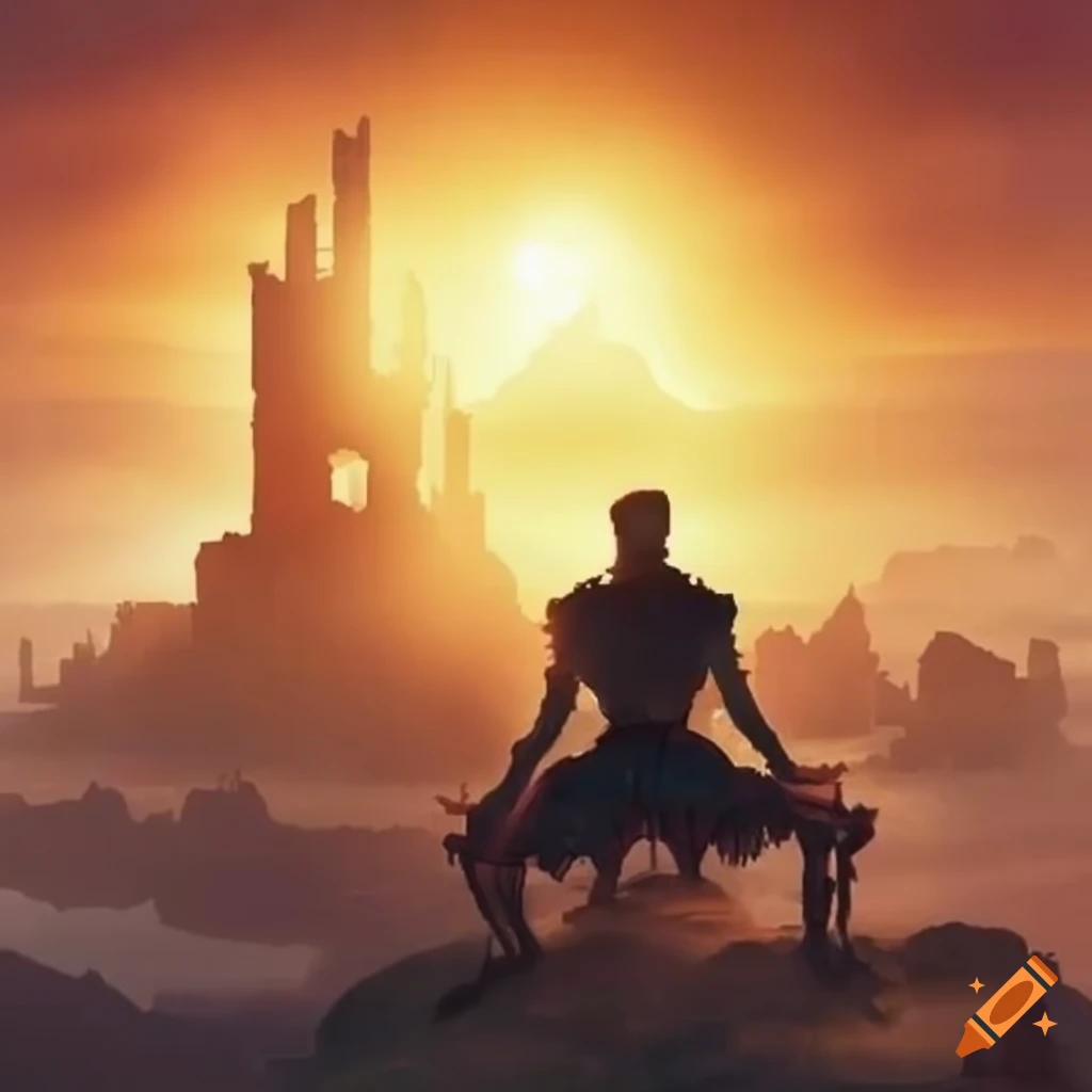 Man resting against castle ruins at sunrise