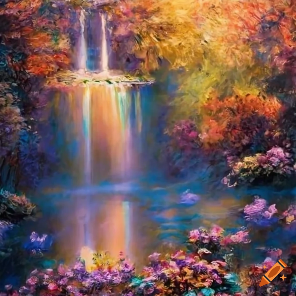 Monet-inspired painting of a garden with angel statues and a waterfall