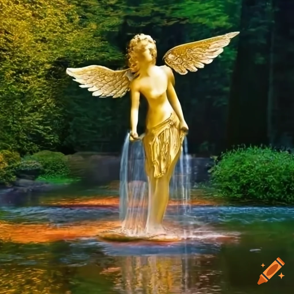 Monet-inspired painting of a park with a statue of an angel holding a ...