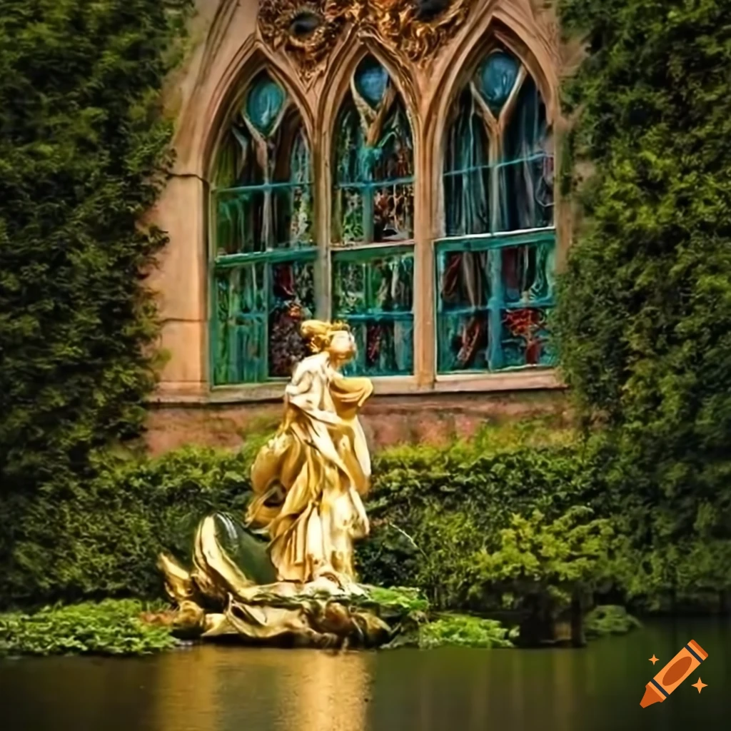 Victorian garden with gold angel statues and cathedral window on Craiyon