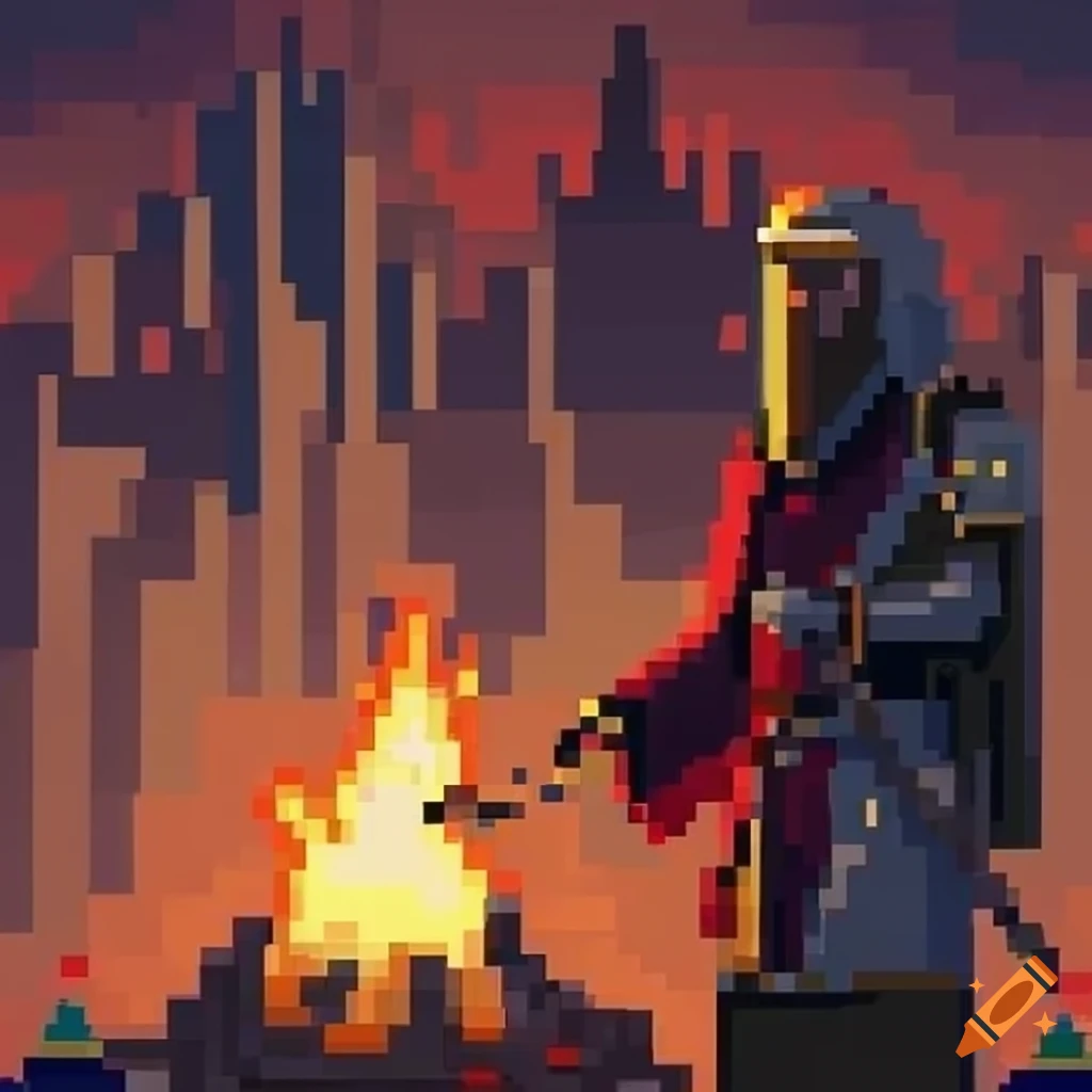 Pixel artwork of an arab knight by a campfire on Craiyon
