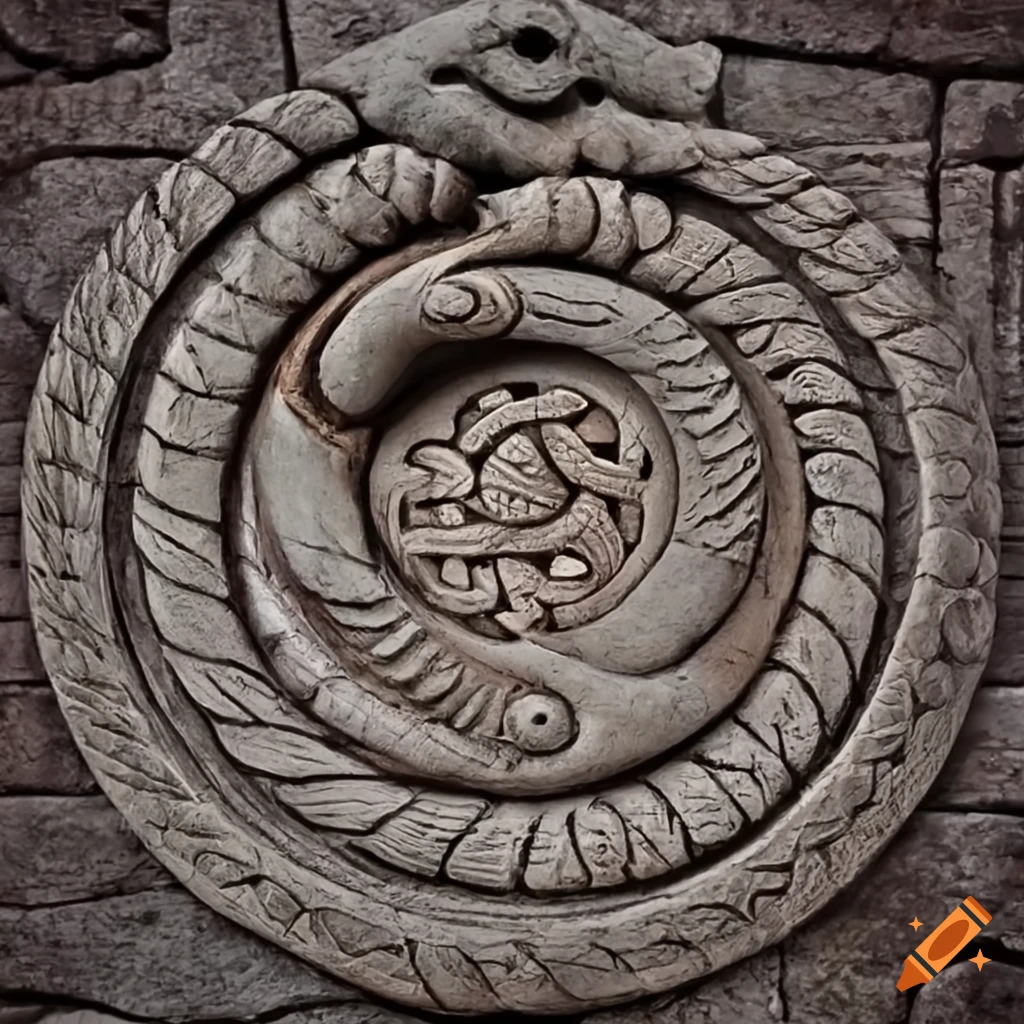 Viking-style stone carving of an ouroboros on Craiyon