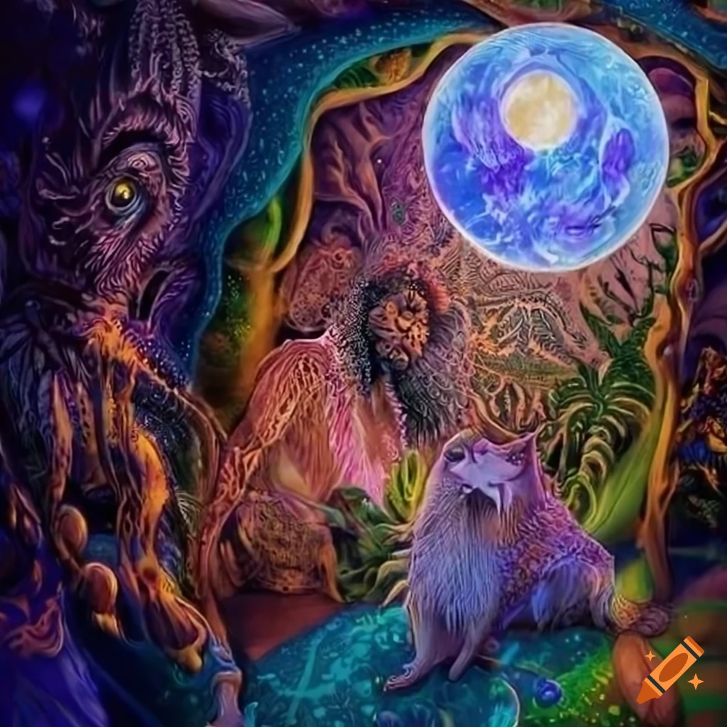 Visionary art of a shamanic dream with spirit entities on Craiyon
