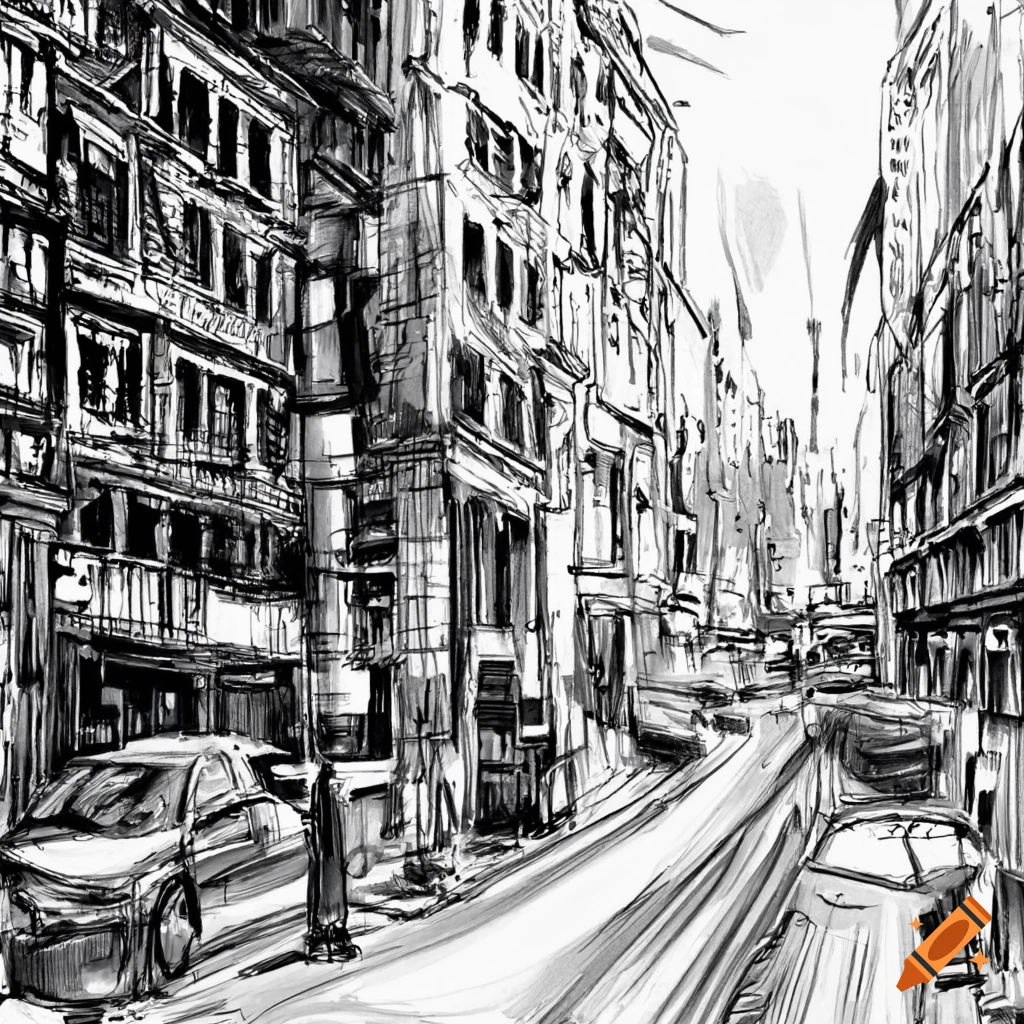 Detailed sketch of a vibrant cityscape on Craiyon
