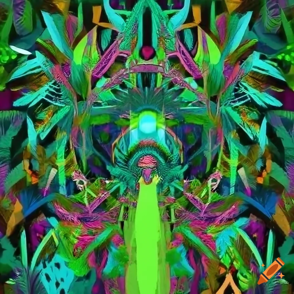 Artistic representation of a sacred forest path with three people ...