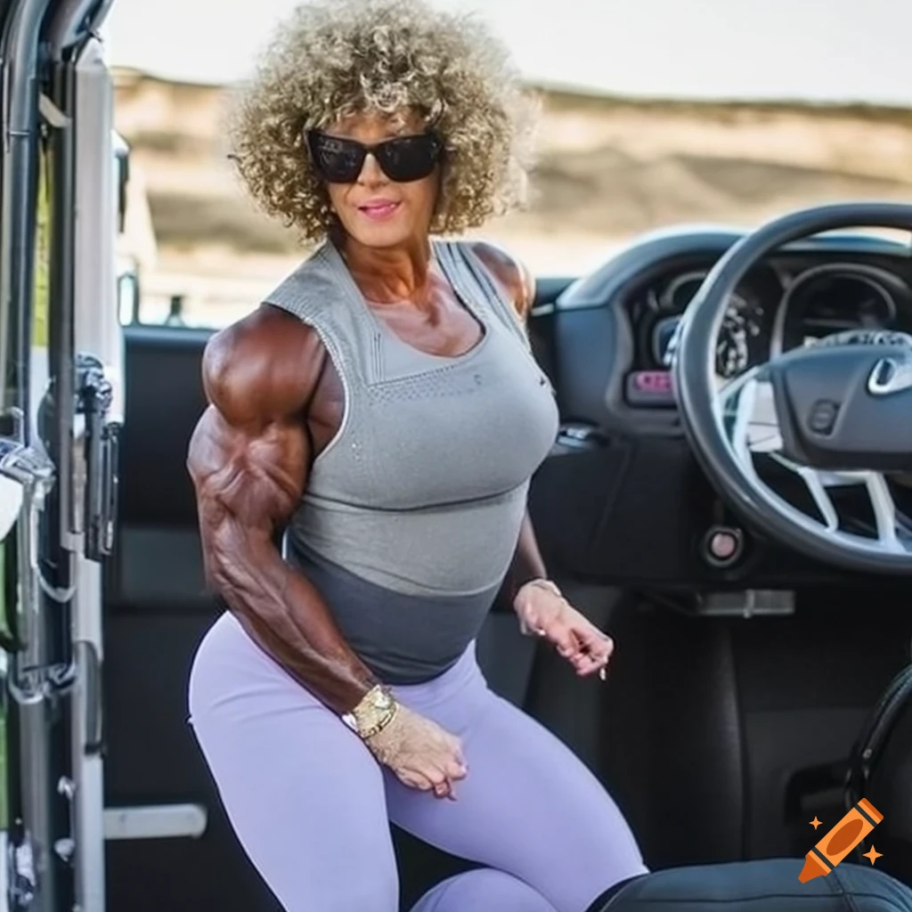 Photorealistic fashion photo of a muscular woman with curly hair and ...