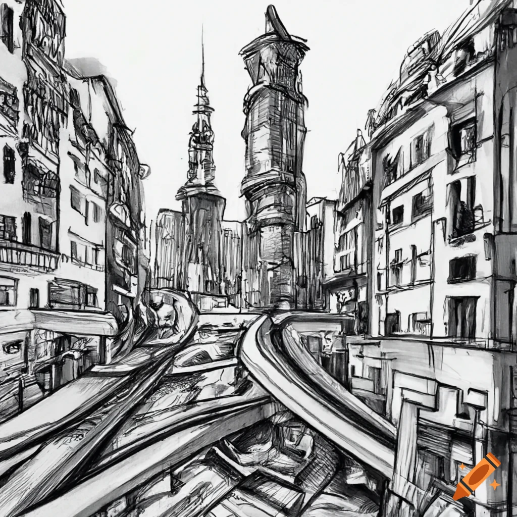 Detailed sketch of a vibrant cityscape on Craiyon