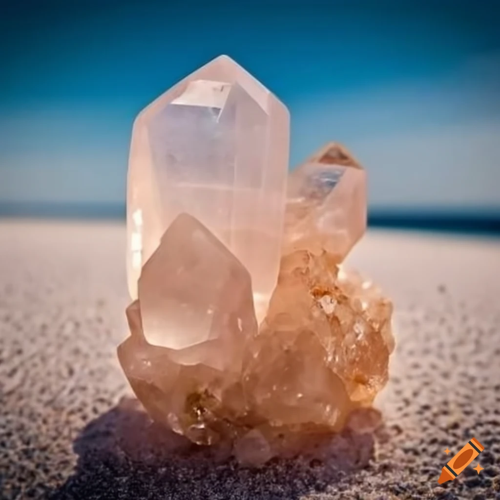 Quartz crystal transforming into white beach sand on Craiyon