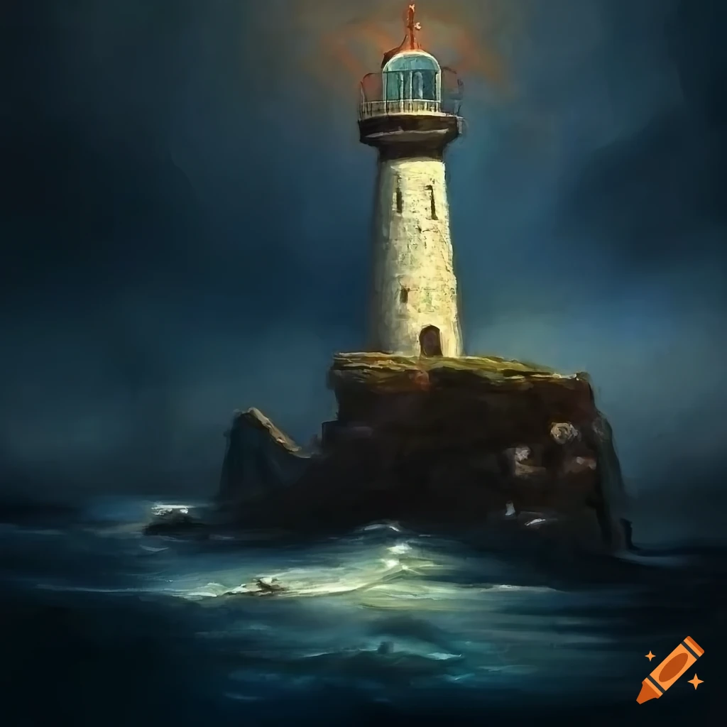 Textured seascape painting with a half-ruined lighthouse on Craiyon