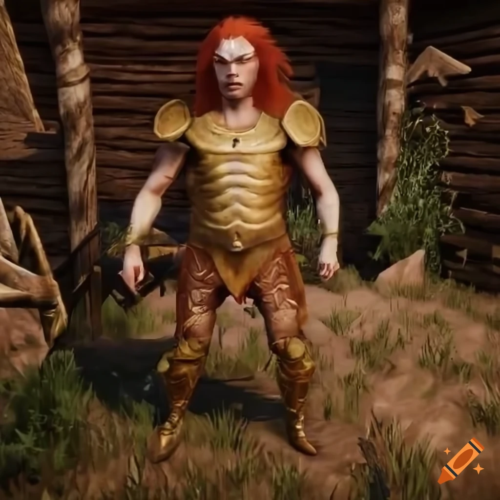 Image of a pale-skinned elf warrior in golden armor with a red long ...