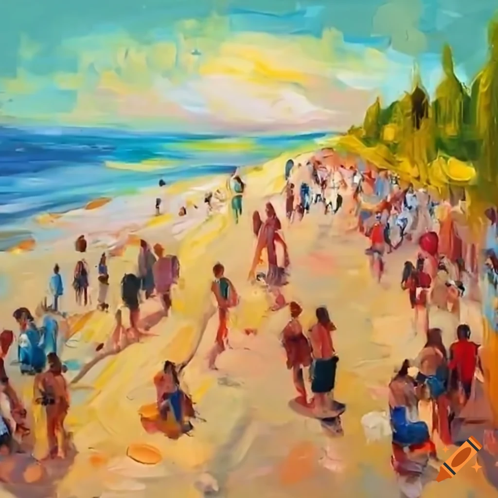 Oil painting of a popular surf spot with people relaxing at a beach bar ...