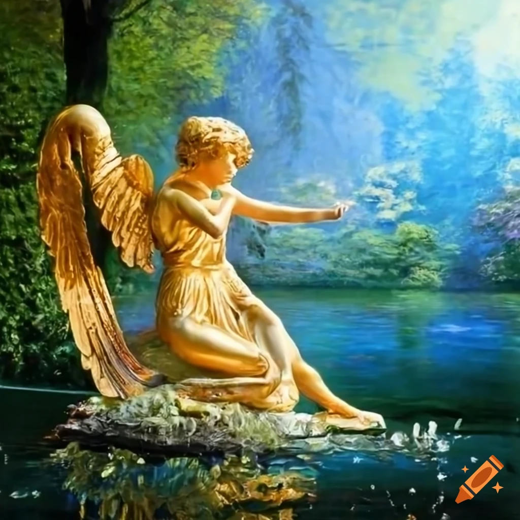 A cherub with wings, surrounded by blooming roses in a monet-style ...