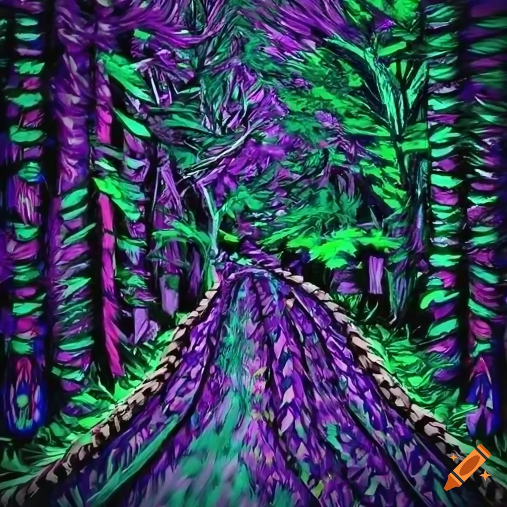 Artwork of a sacred path through a forest with three people walking on ...