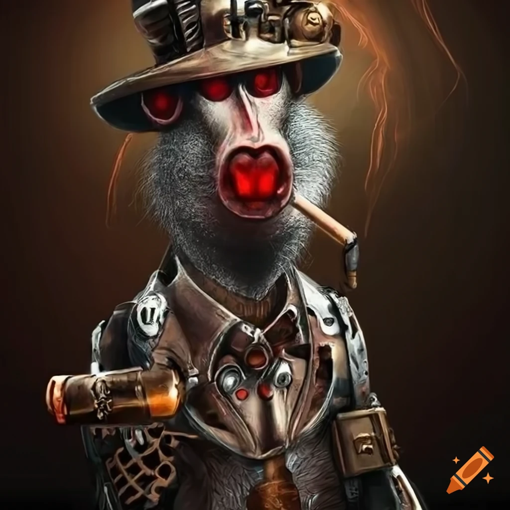 Steampunk robot baboon smoking a cigar on Craiyon