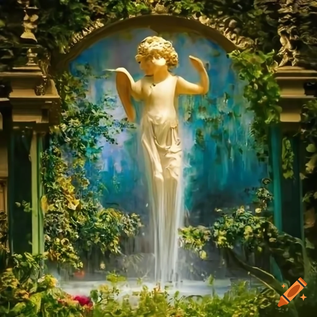 Painting of a victorian garden with angel statues and a pond on Craiyon