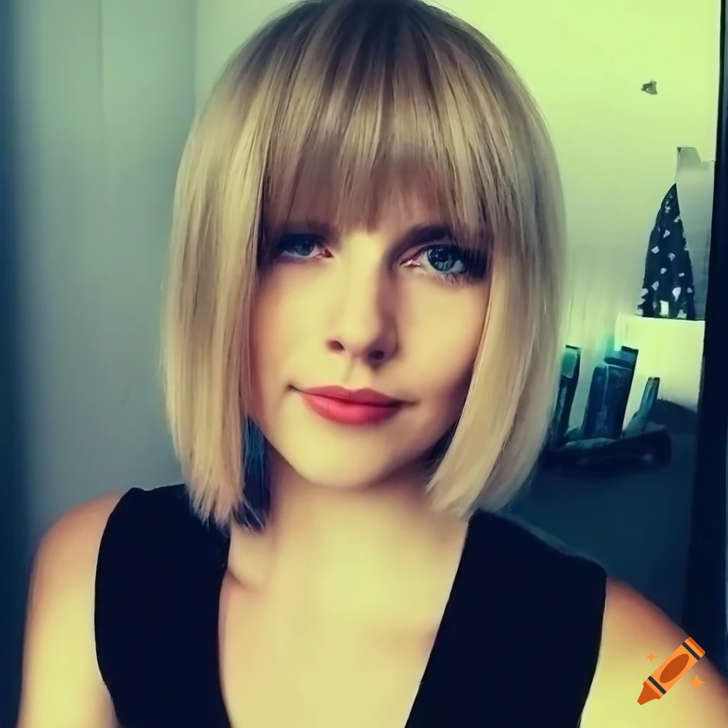 Blond woman with a bob cut smiling in a selfie on Craiyon