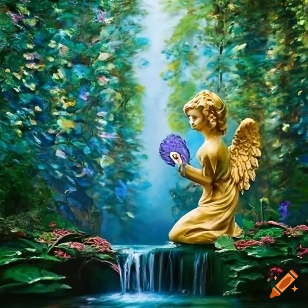 A cherub with wings, surrounded by blooming roses in a monet-style ...