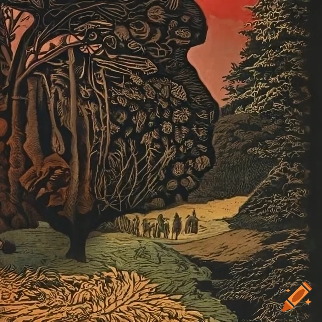 Theodor kittelsen's 'the garden of eden' woodcut linoleum print with ...