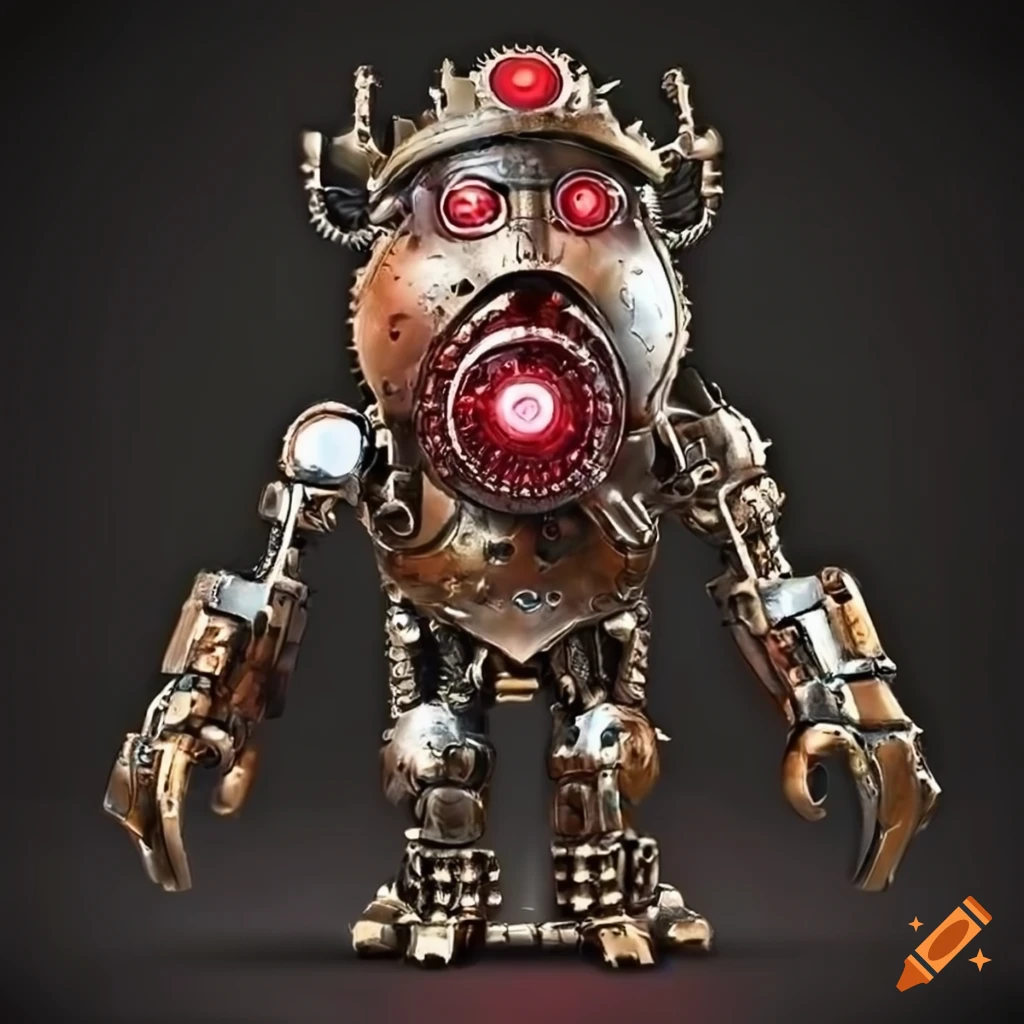 Metallic steampunk robot baboon with glowing red eyes on Craiyon