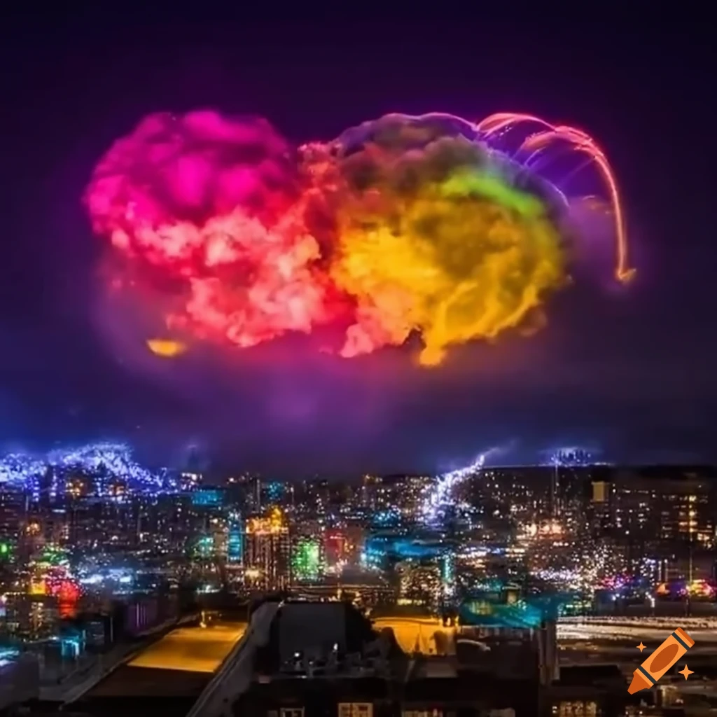 Colorful explosion in the night sky over a city on Craiyon