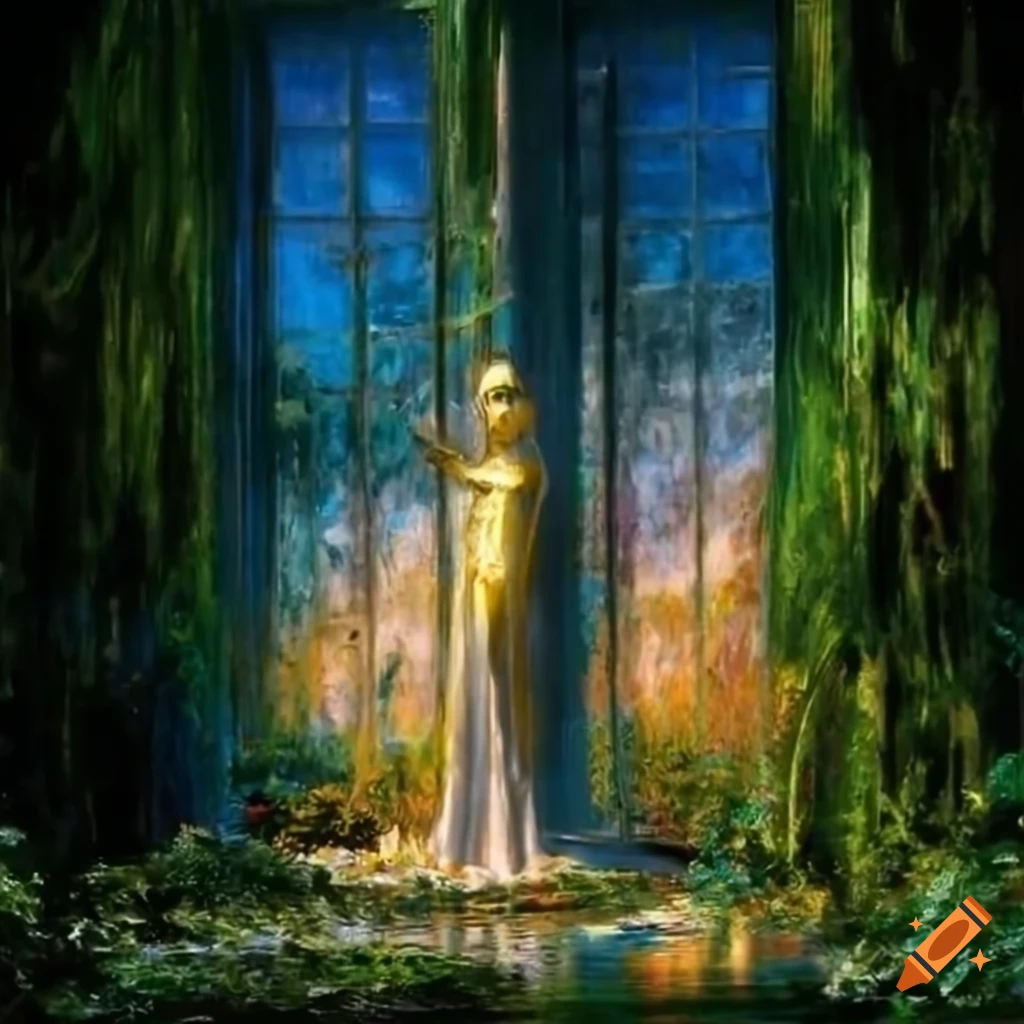 Monet's Victorian garden with gold angel statues and tall glass window ...