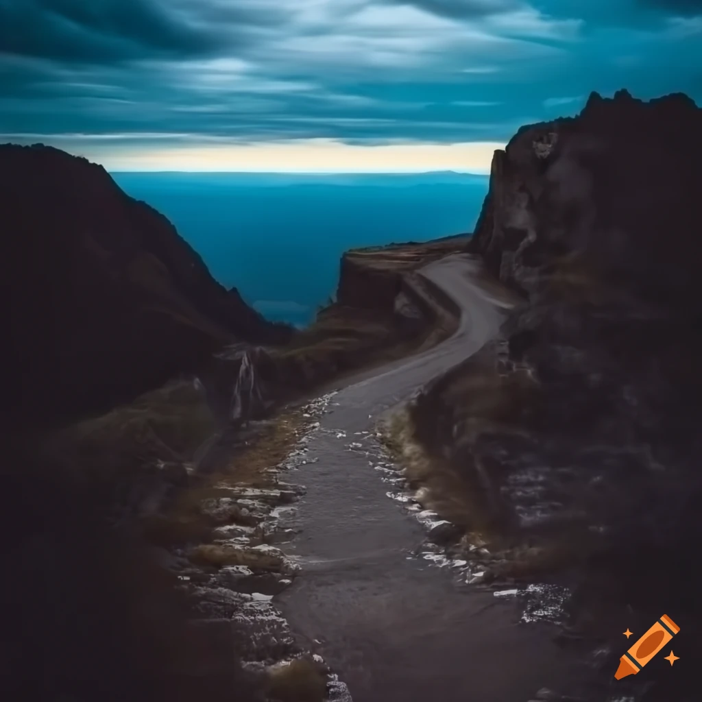 Gravel mountain road going uphill to the north under noon sun on Craiyon