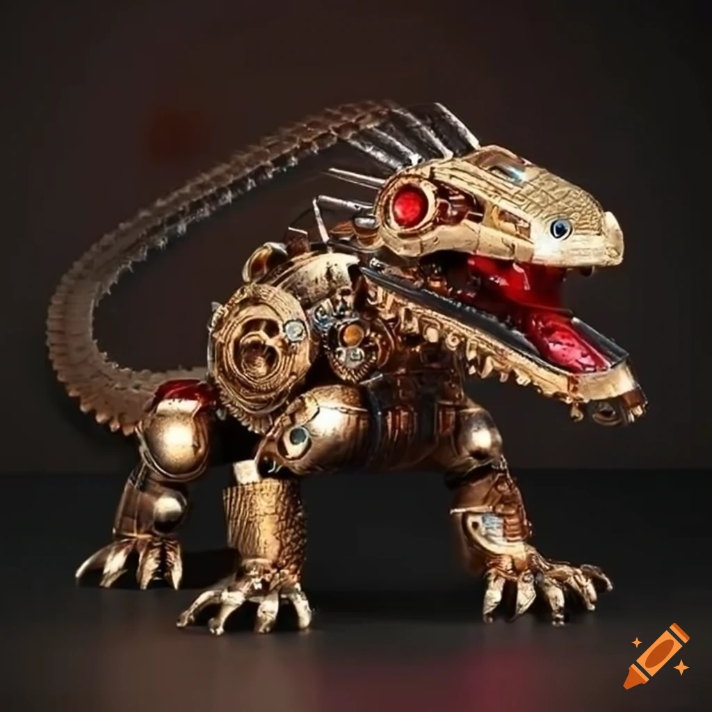 Metallic steampunk robot komodo dragon with glowing eyes on Craiyon