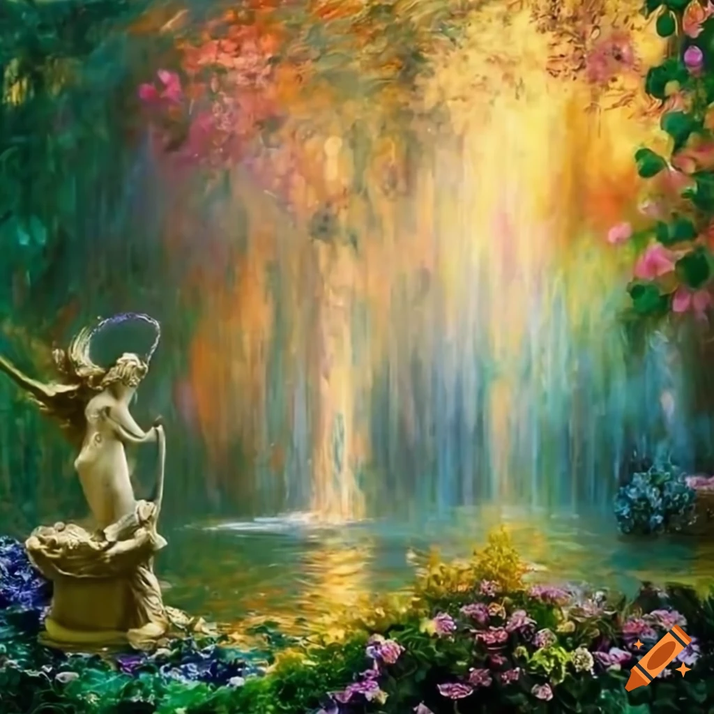 Victorian garden painting with angel statues and waterfall on Craiyon