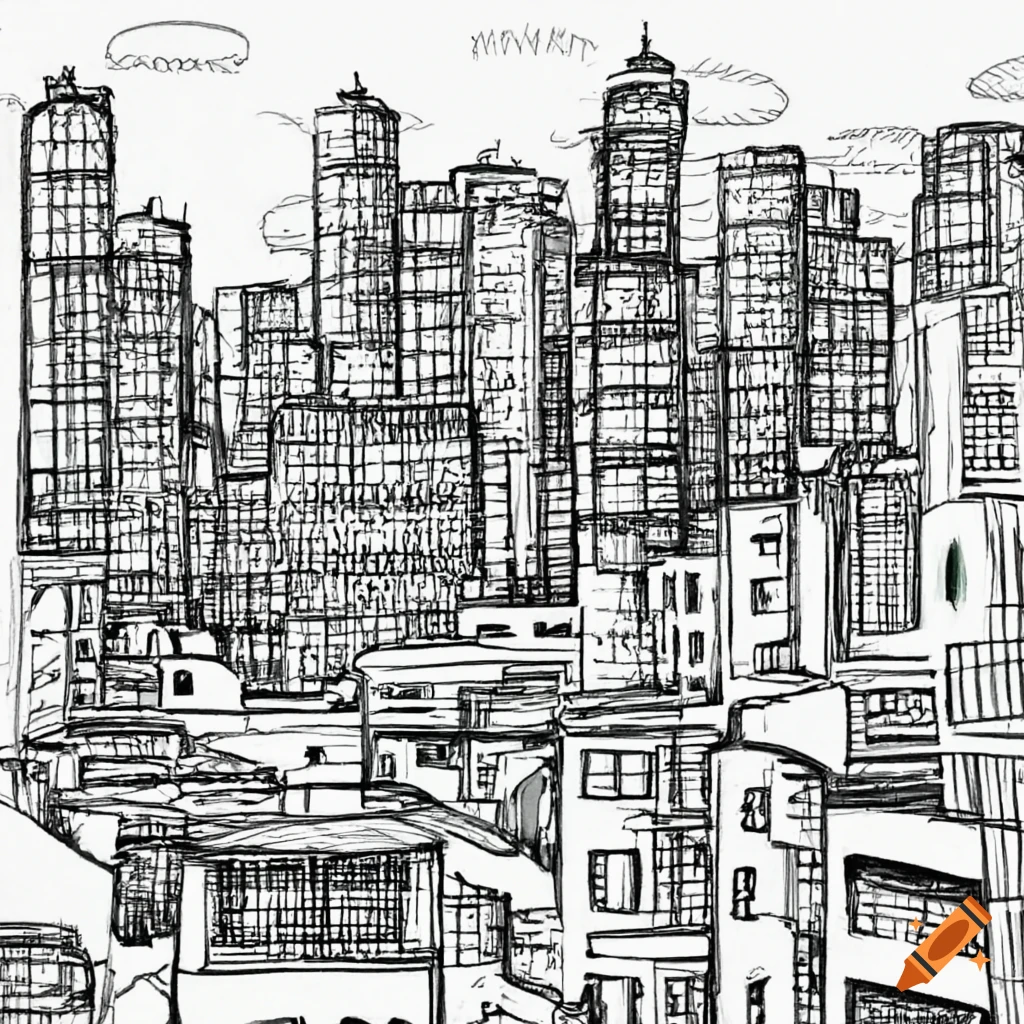 Detailed sketch of a busy city on Craiyon