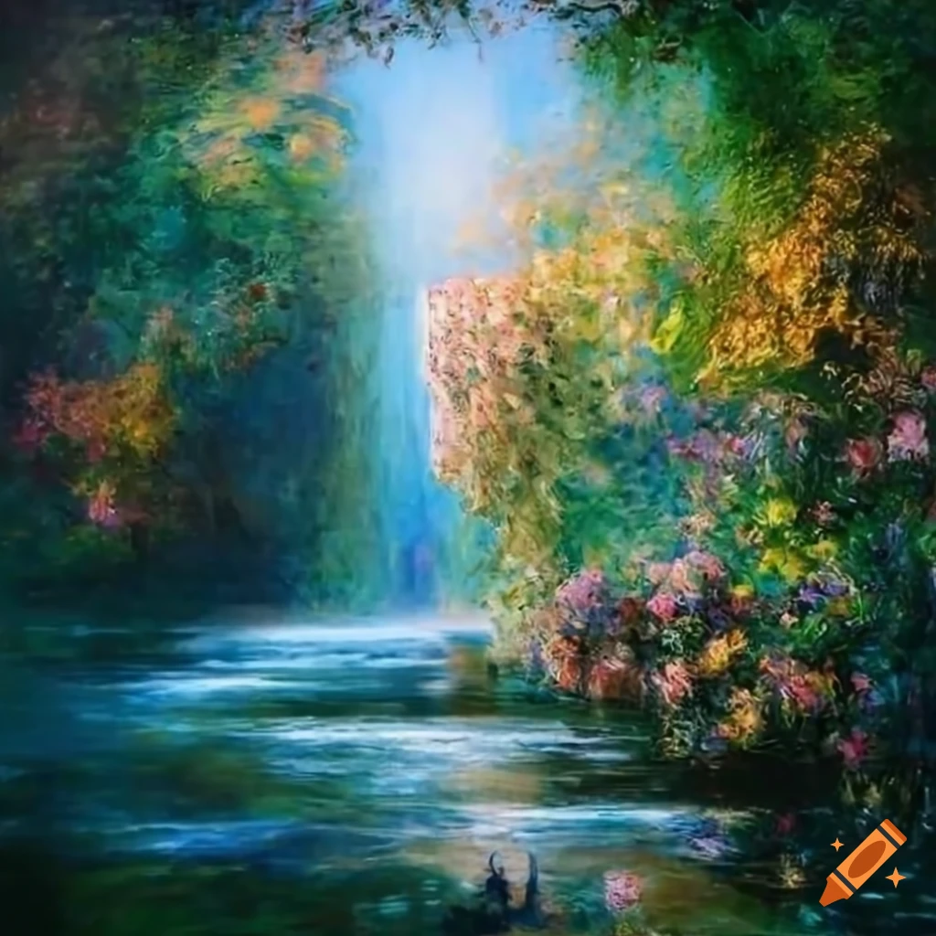 Victorian garden painting with angel statues and waterfall on Craiyon