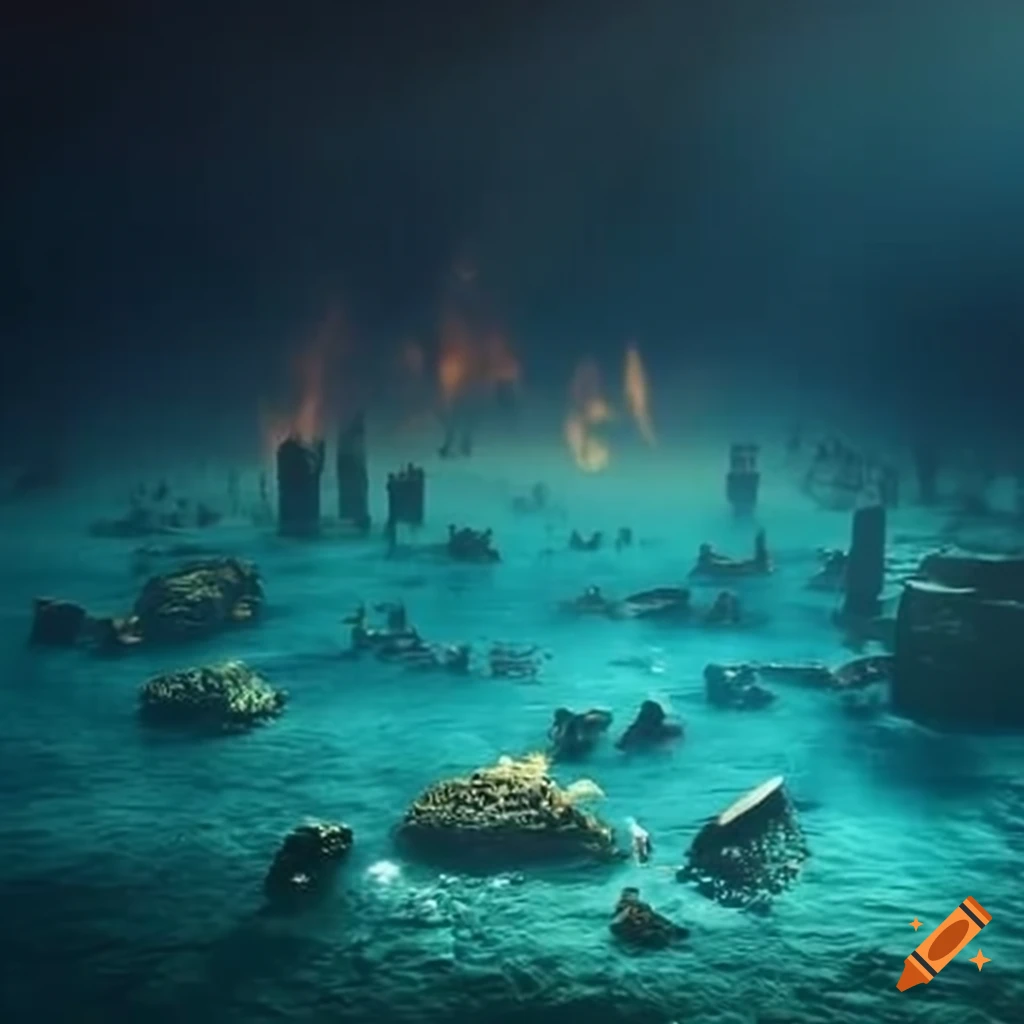 Artistic representation of a city sinking into the ocean with fire on ...