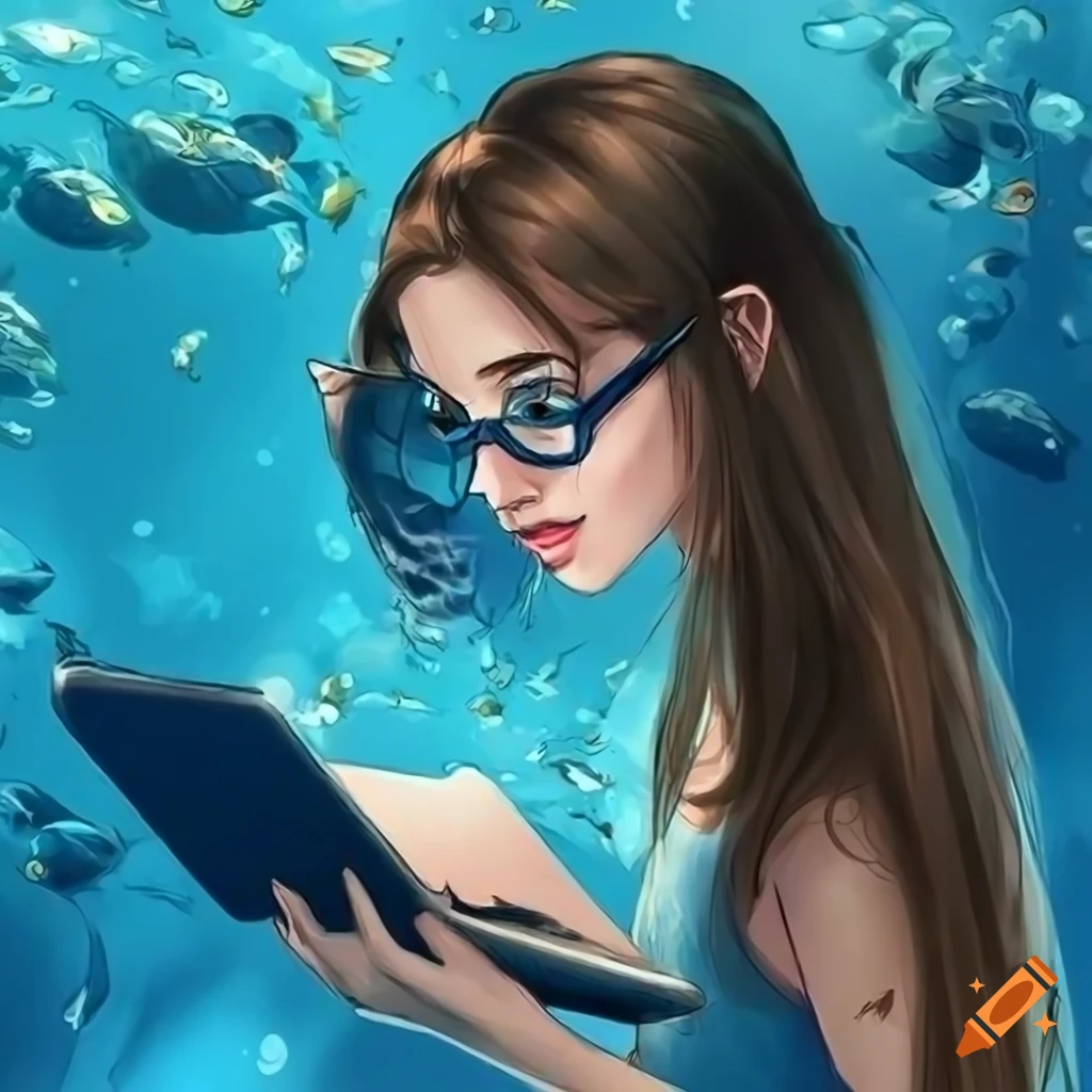 Artwork of a woman underwater with tuna and a futuristic laptop on Craiyon