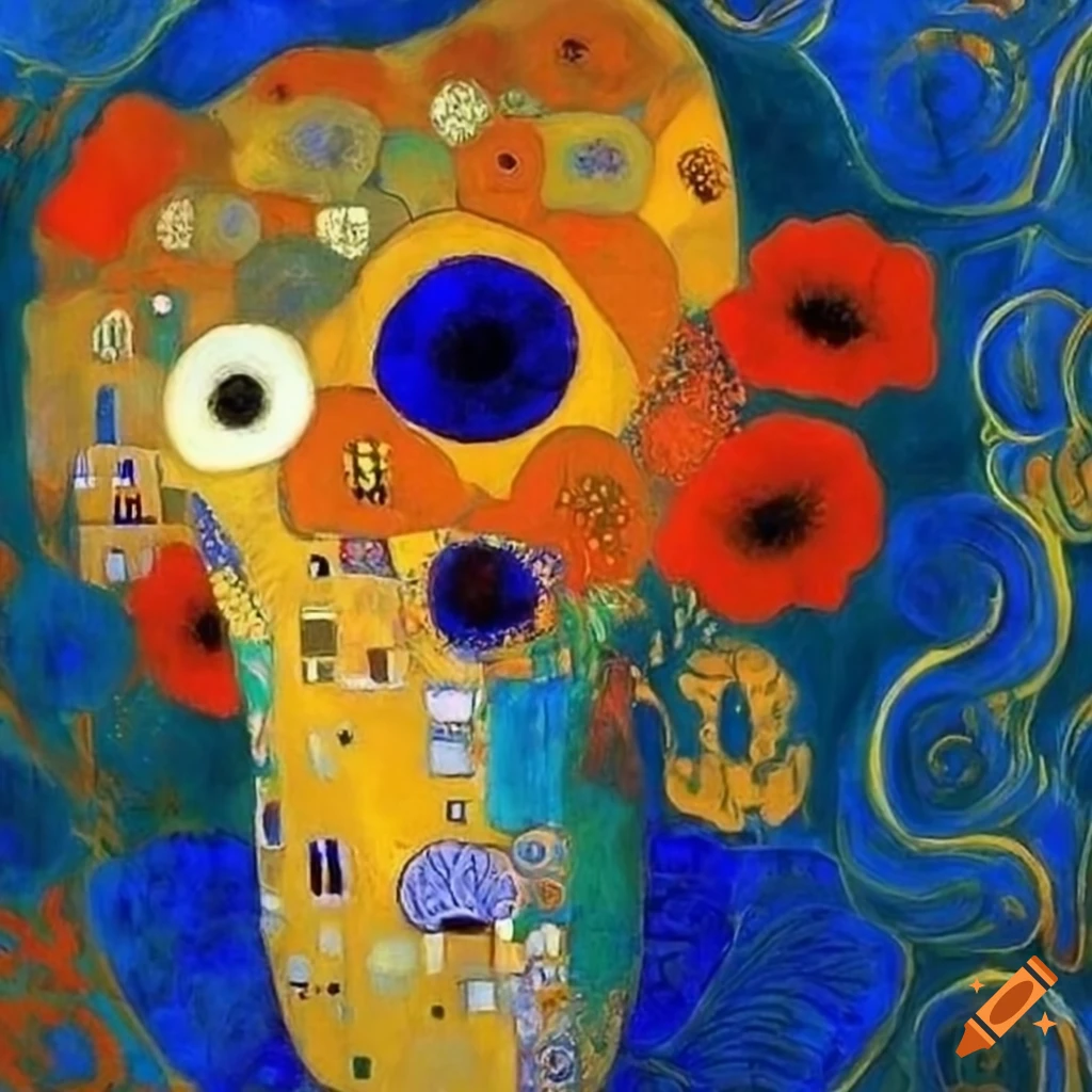 Abstract artwork with blue squares and poppies in vibrant colors on Craiyon