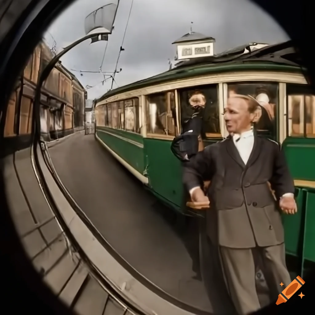 Realistic fisheye shot of a tram conductor in the 1940s on Craiyon