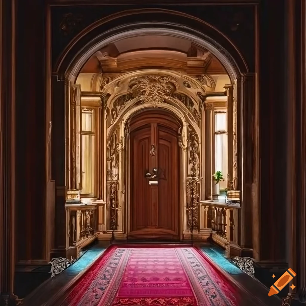 Elegant townhouse interior with carved wood and fogged glass door on ...